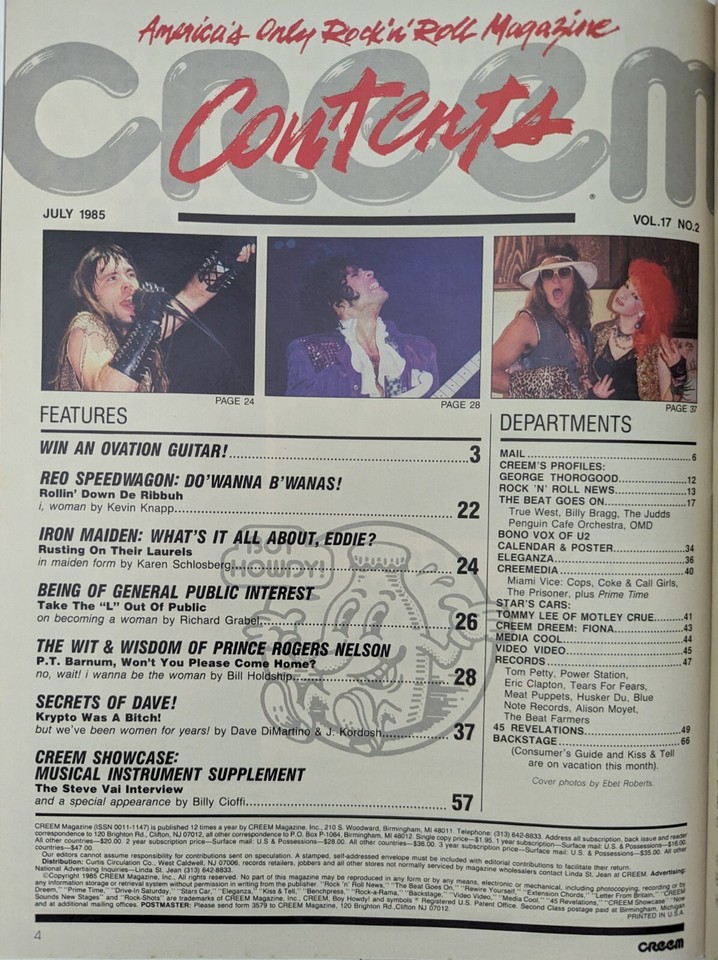 Creem Magazine July 1985 Prince, Iron Maiden, David Lee Roth, Motley ...