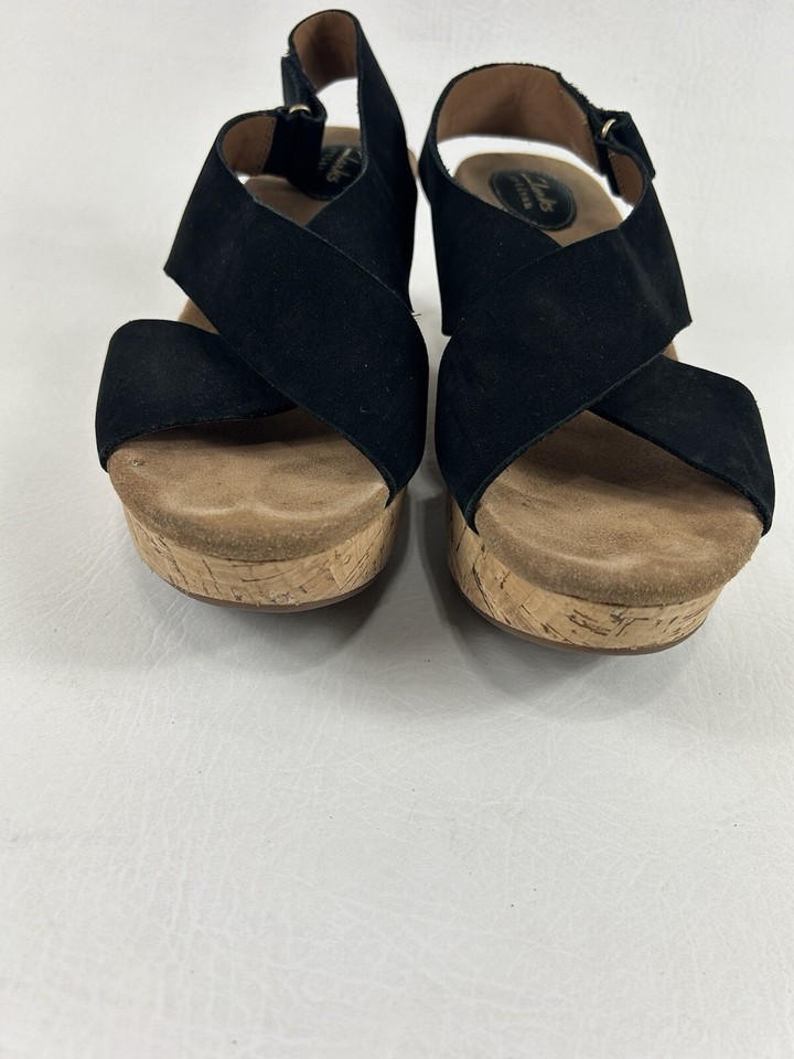 Clarks 9.5M Artisan Sandals Cork Wedge Heels Black Leather Strap NWOT ...