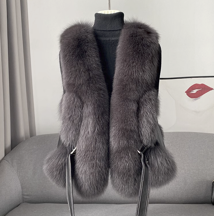 Women Real Fox Fur Vests Luxury Fluffy Gilet Leather Belt Waistcoat ...