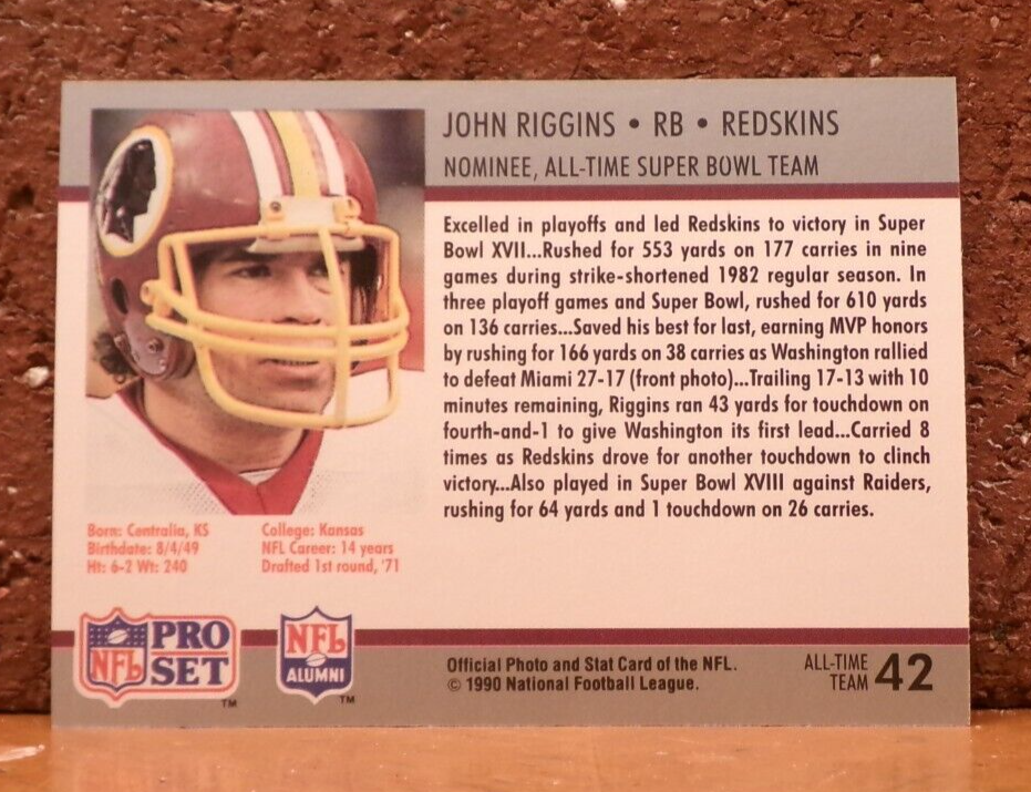 FOOTBALL CARD FRESH FROM BOX PRO SET SUPER BOWL SUPERMEN JOHN RIGGINS ...