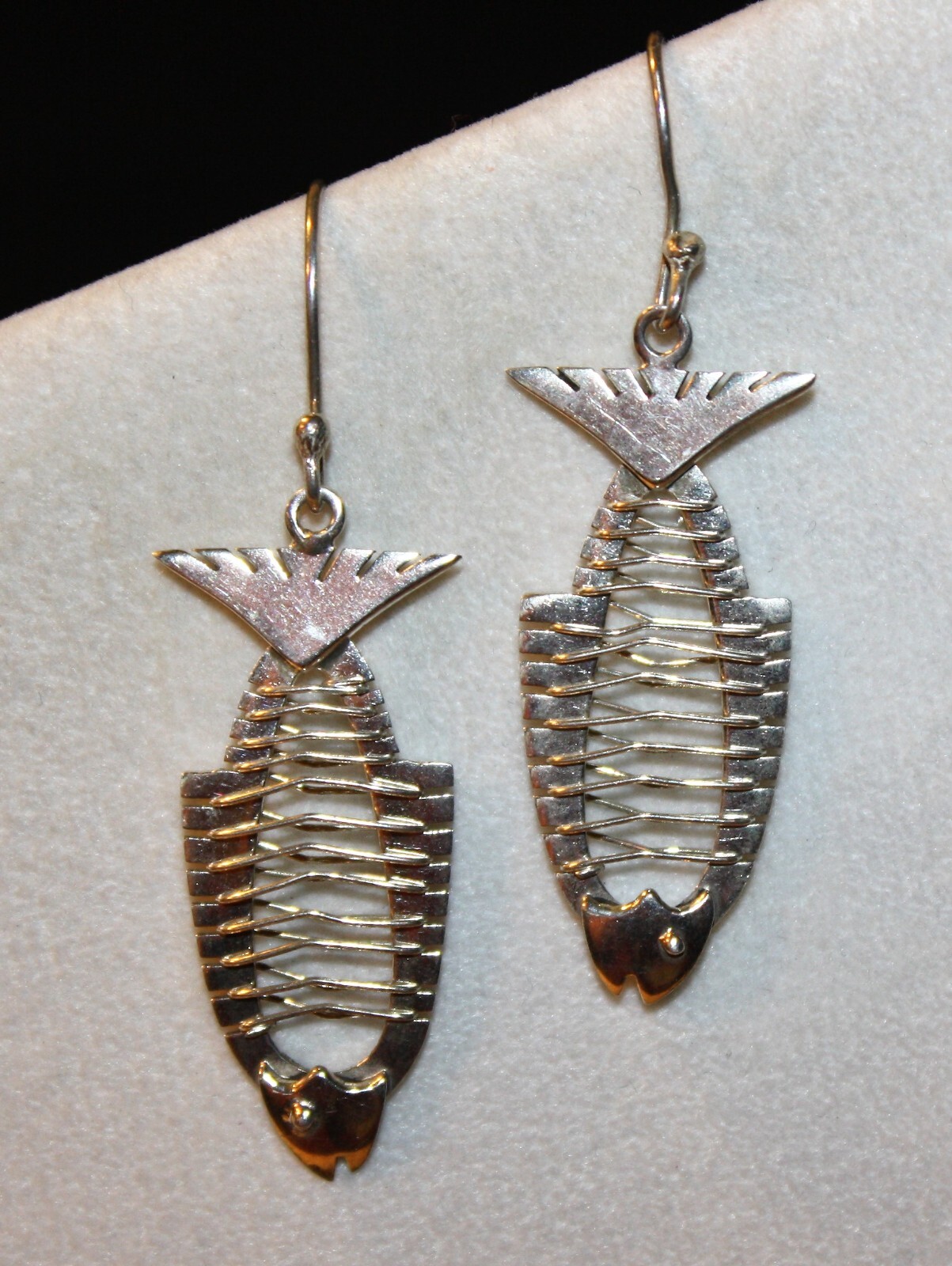 RETRO STERLING SILVER WIRE SKELETON BONE FISH DANGLE EARRINGS MEXICO ...