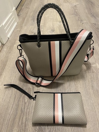 Haute Shore Beach/Tote Neoprene Taupe W/Pink White Stripe Small ...