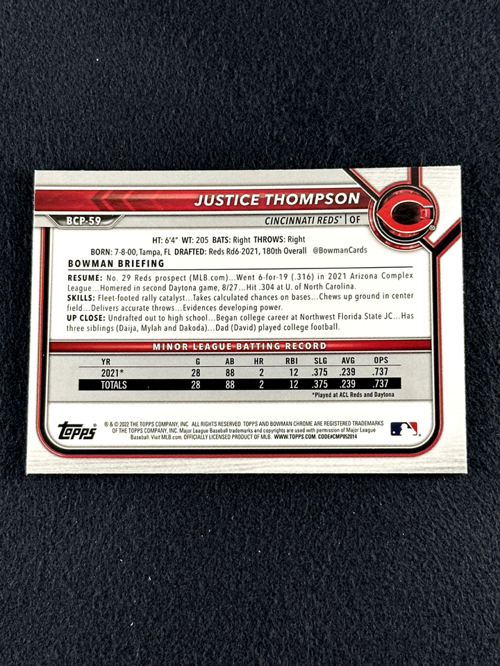 2022 Bowman JUSTICE THOMPSON 1st Bowman Mojo Chrome Refractor #BCP-59 ...