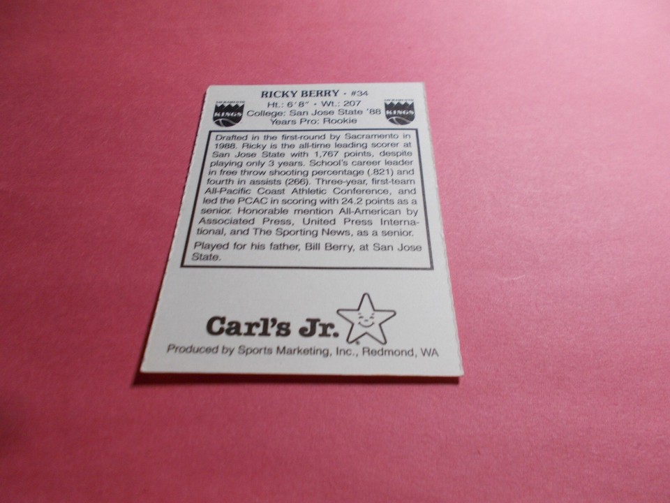 Ricky Berry Sacramento Kings 1988-89 Carl's Jr. Basketball Card NM/M ...