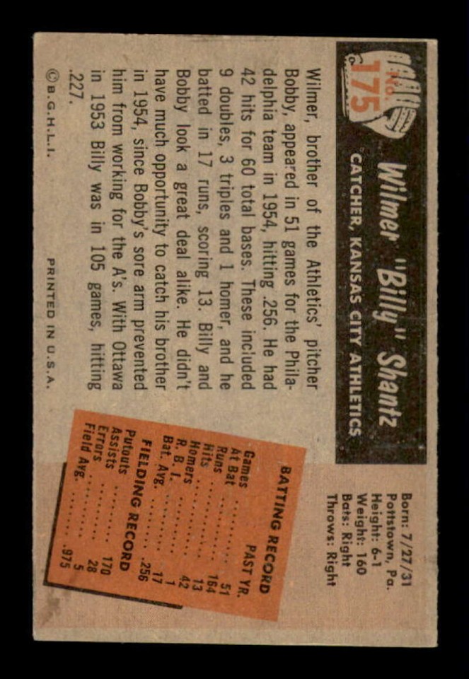 1955 Bowman #175 Billy Shantz VGEX RC Rookie Athletics 539852 | eBay