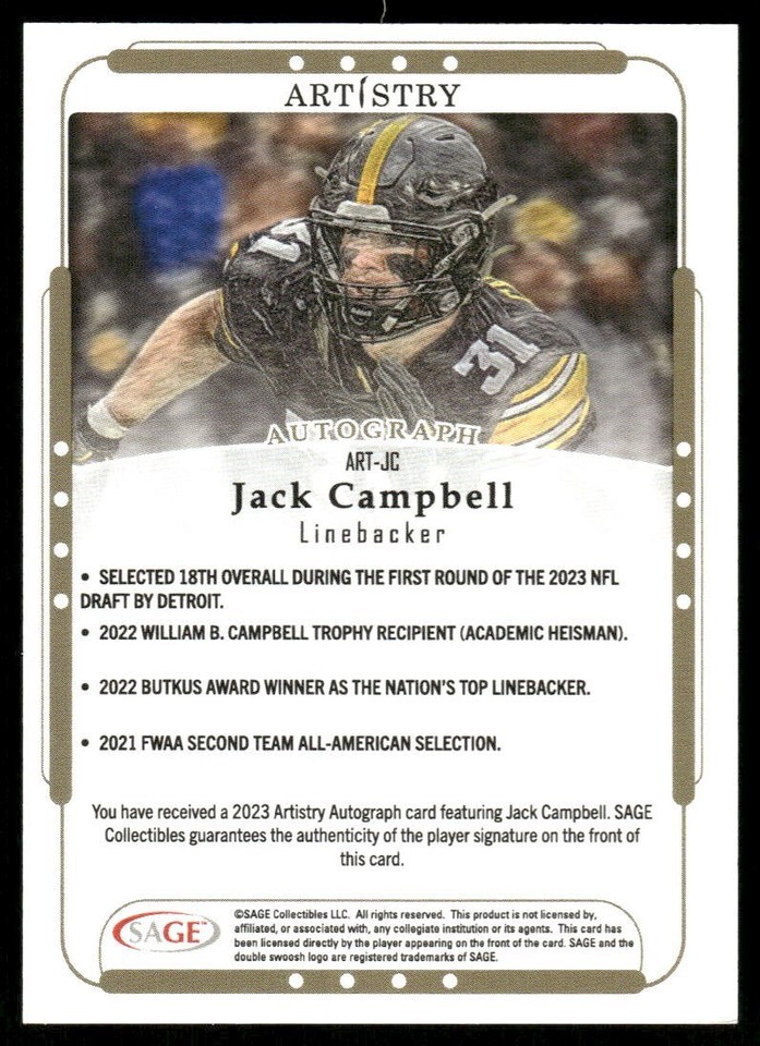 G459 JACK CAMPBELL RC AUTO 2023 SAGE ARTISTRY IOWA HAWKEYES AUTOGRAPH ...