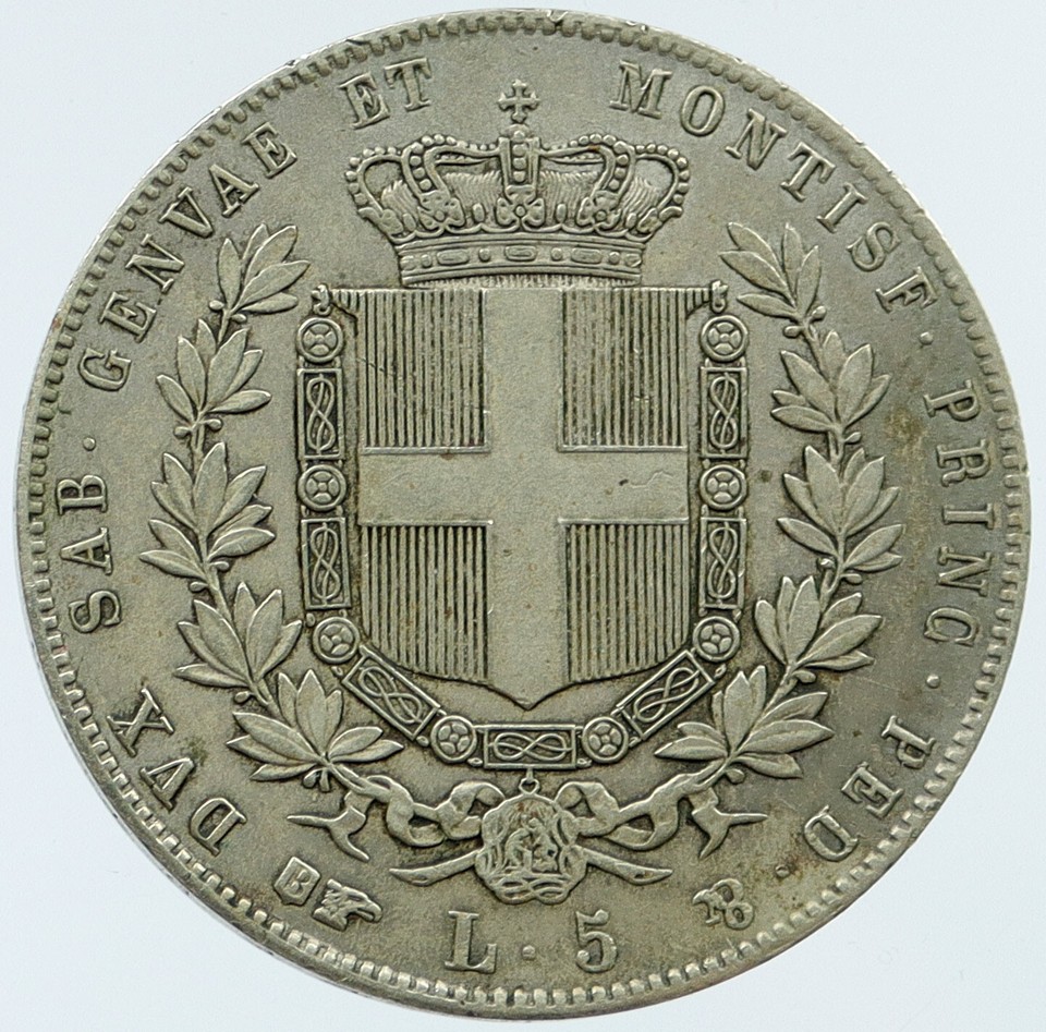 1856 B Italy SARDINIA Victor Emmanuel II Silver 5 Lire Italian Coin ...