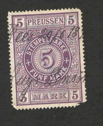 Germany - Preussen - 5 MARK- Prussia Stempelmarke - Revenue Steuermarke ...