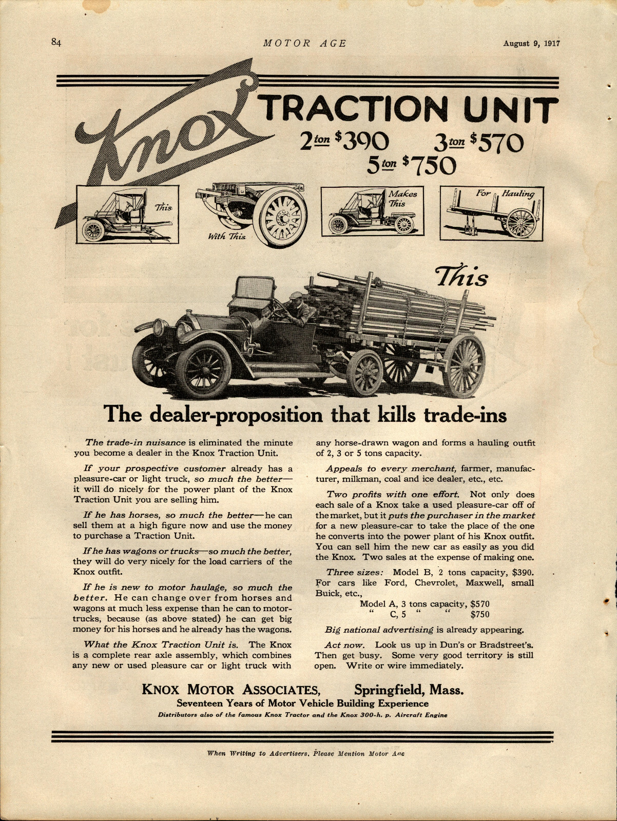 1917 Knox Traction Unit, Knox Motors Advertisement: Springfield ...