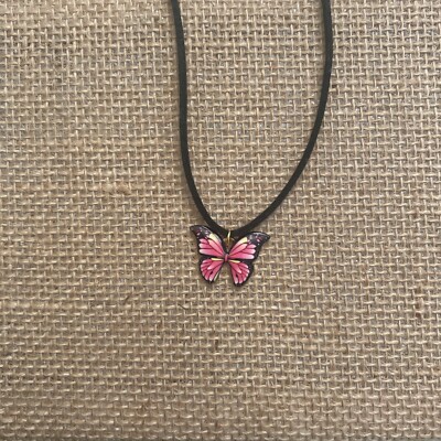 Pink Black Butterfly Charm Choker, Black Faux Suede, Enamel Necklace ...
