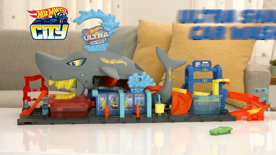 Hot Wheels City Track Set, Ultra Shark Car Wash with 1:64 Scale Color ...