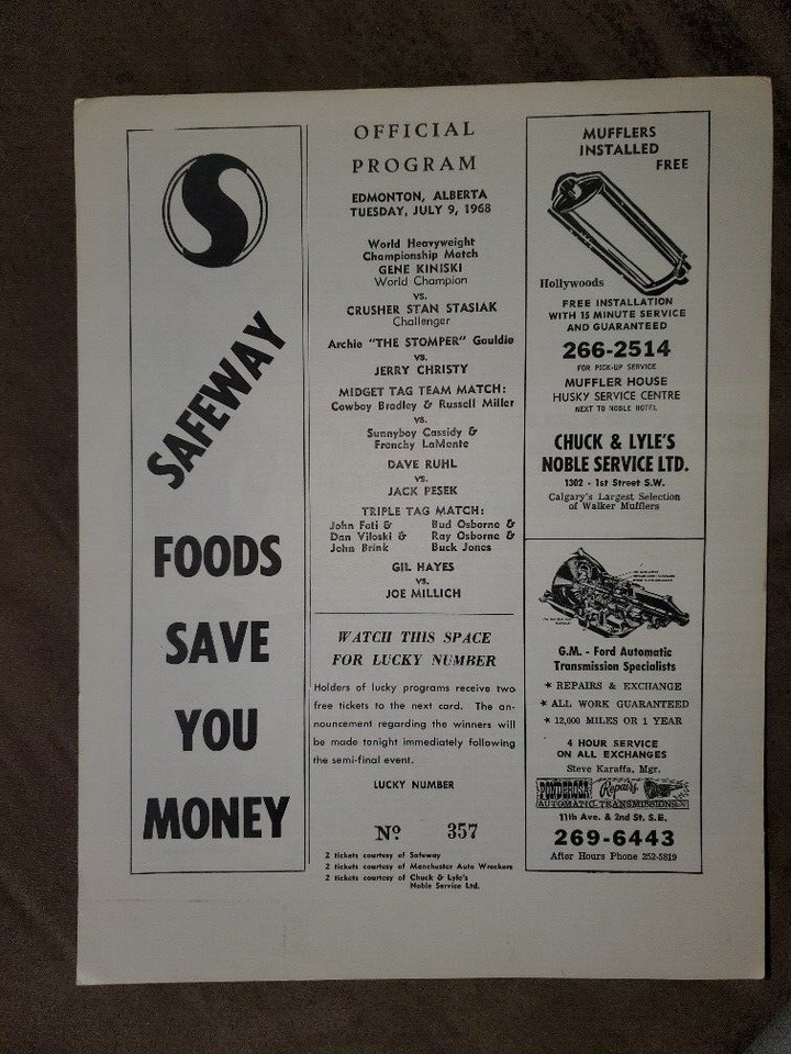 Stampede Wrestling Program Edmonton July 9, 1968 NWA HC Kiniski v ...