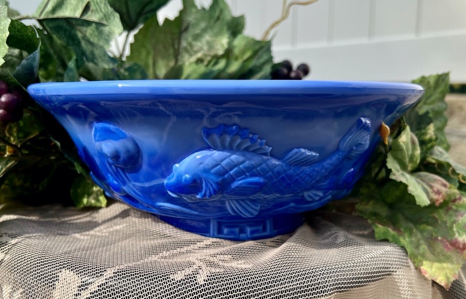 RARE Fenton**MARBLED PERIWINKLE BLUE ATLANTIS KOI FISH BOWL**1990's ...