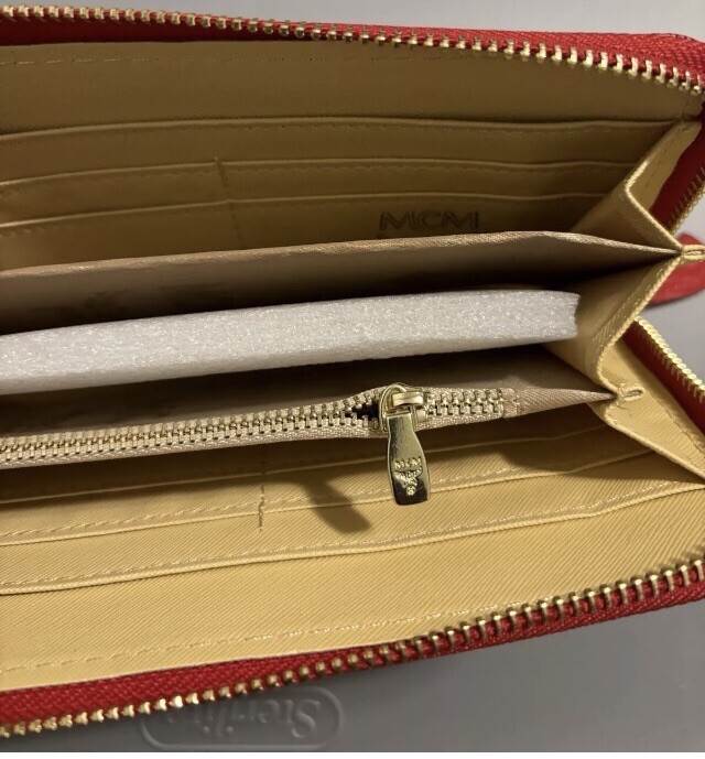 MCM Authentic Large Red Zip Around Wallet Vibrant Red Exterior Leather ...