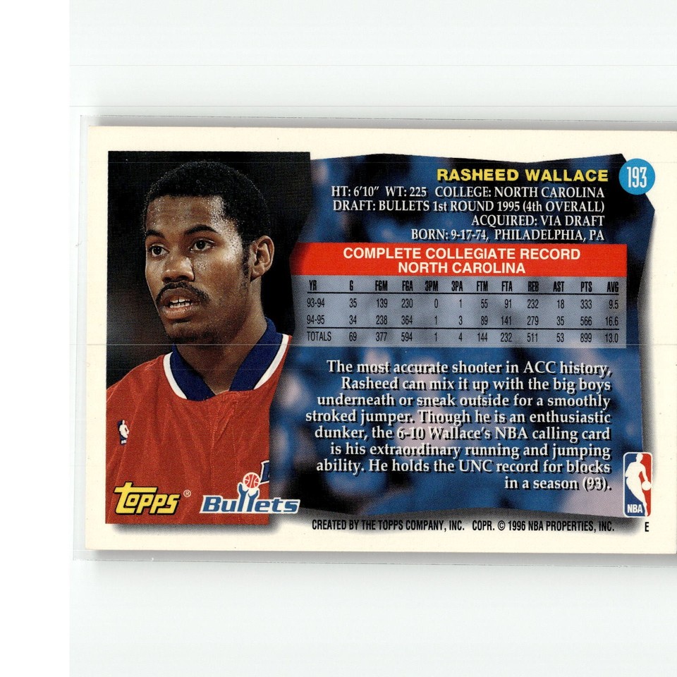 1995 Topps RC Rasheed Wallace #193 Washington Bullets Basketball Card ...