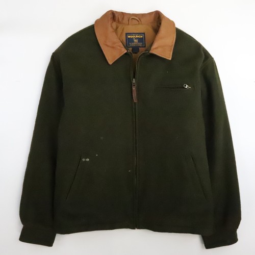 Vintage Woolrich Wool Jacket Size XL Green Leather Collar | eBay