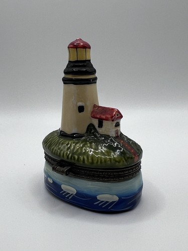 Porcelain Lighthouse Hinged Trinket Box, Hand Painted Above Deep Blue ...