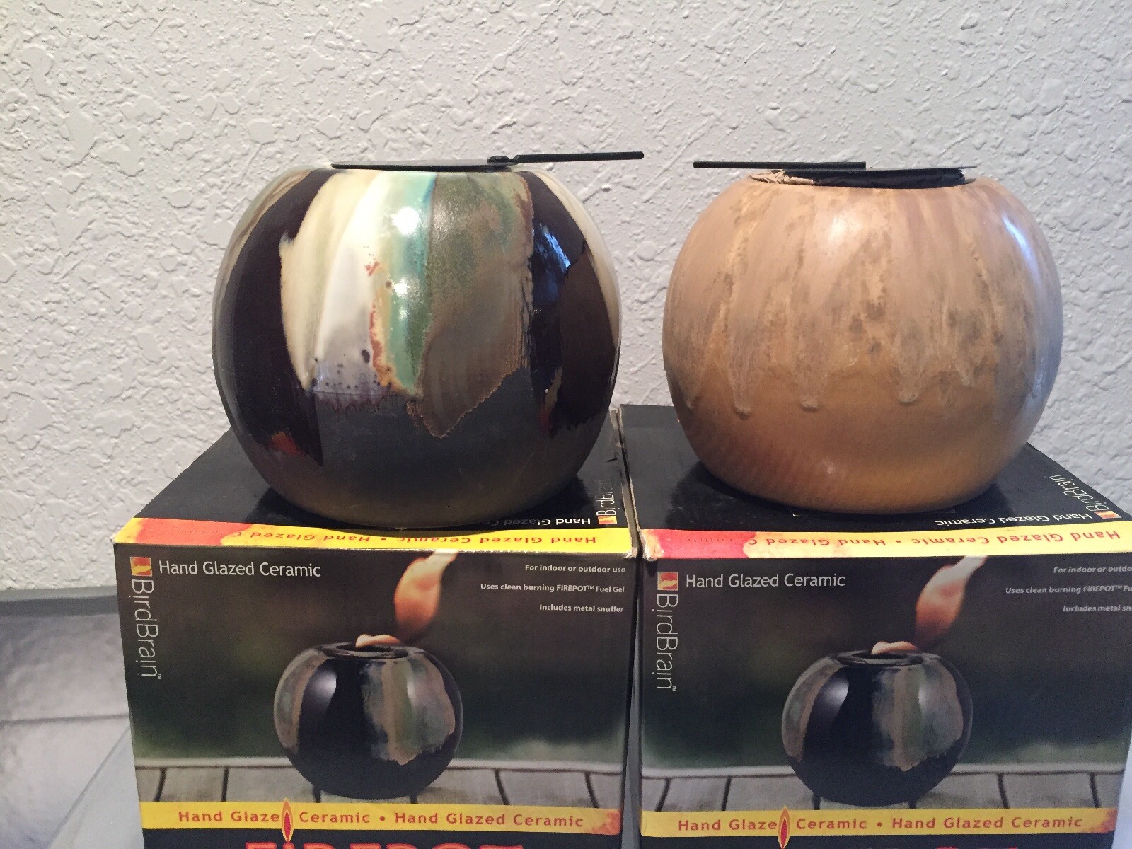 BIRDBRAIN FIREPOT Ceramic Hand Glazed- Each Unique- Lot Of 2-NEW ...