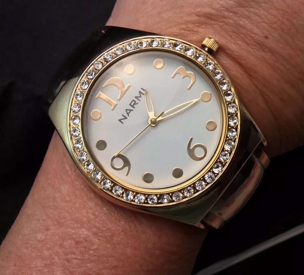 NARMI Ladies Wide Gold Tone Cuff Rhinestone Band Quartz Wrist Watch ...