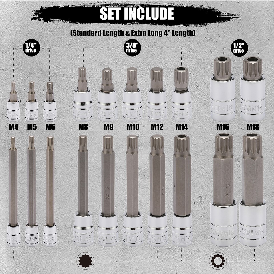 20 Pcs Spline Tip Bit Socket & XZN Triple Square Spline Bit Socket Set ...