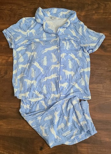 Mary Square Pajamas Set Size M Blue Leopard Cat Short Sleeve Top Long ...