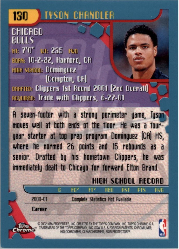 2001-02 Topps Chrome #130 Tyson Chandler RC BULLS Rookie Card - NM-MT ...