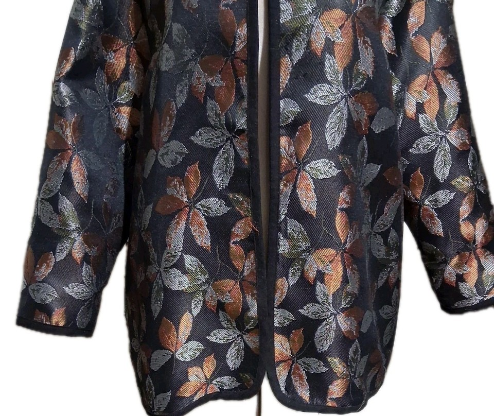 Elizabeth Williams Open Front Jacket Black Silver Gold Metallic Leaf ...