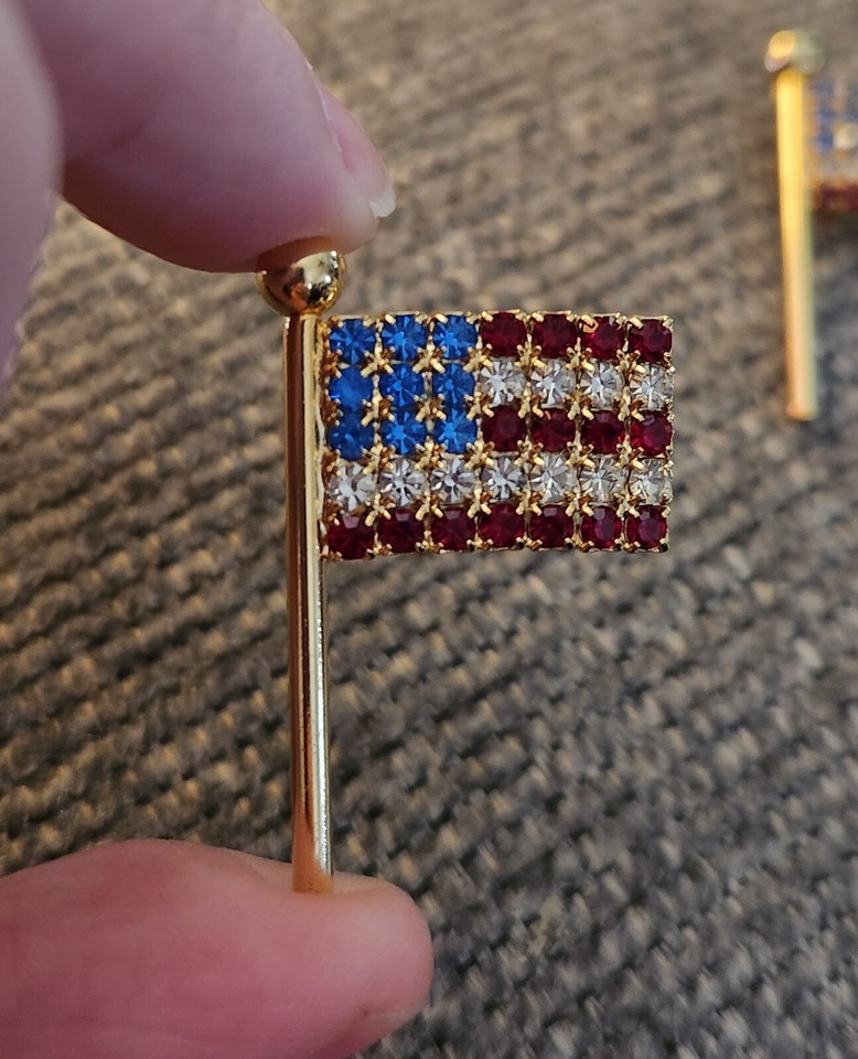 USA Flag Pin Brooch Gold Tone With Rhinestones Pair | eBay