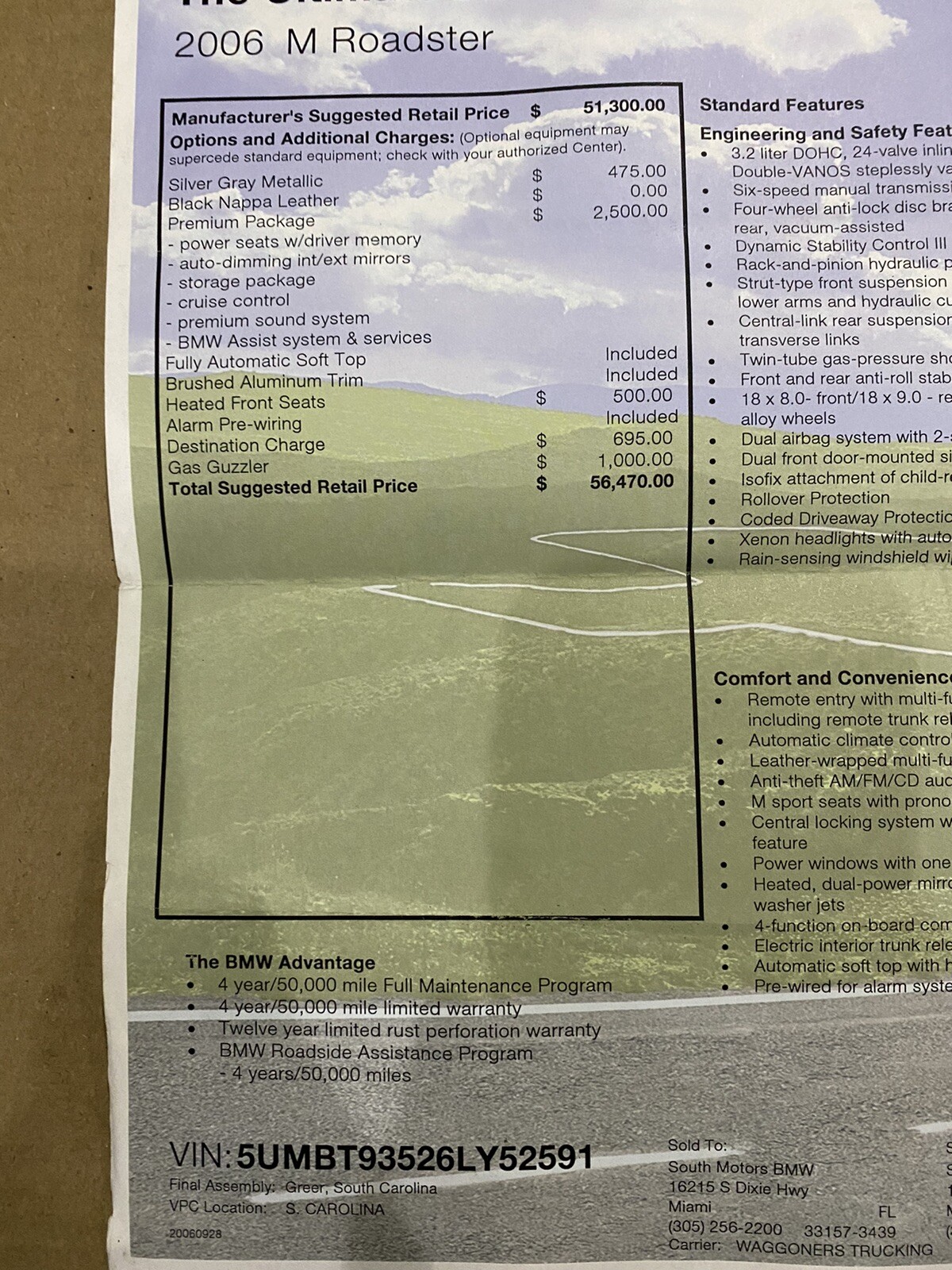 2006 BMW Z4 M Roadster Z4M Window Sticker MSRP Label Page Used | eBay