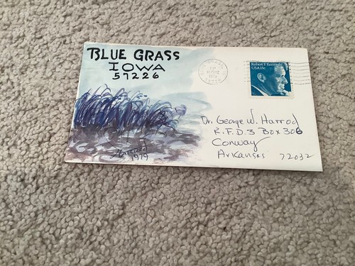 1979 BLUE GRASS #2 Iowa: Signed FOLK ART WATERCOLOR Postal Cover GEORGE ...
