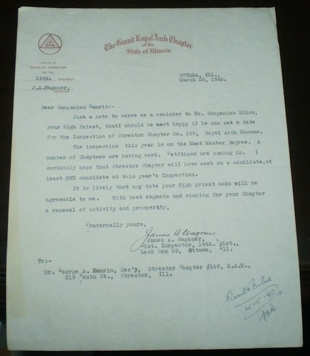 1940, ORIGINAL SIGNED LETTER, GRAND ROYAL ARCH MASONRY, ILLINOIS ...