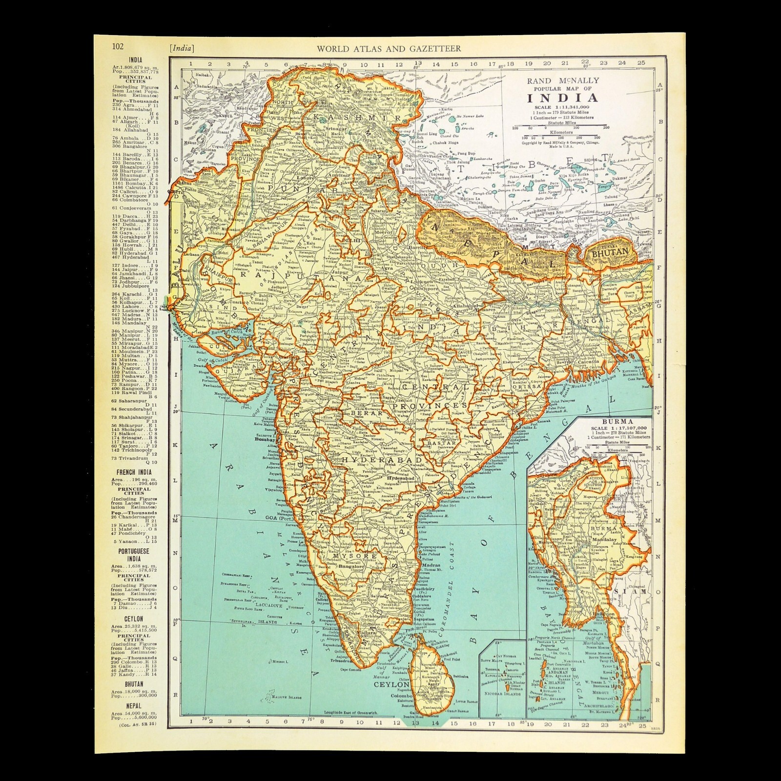 ca 1936 Antique INDIA Map Vintage Map of | Grelly USA