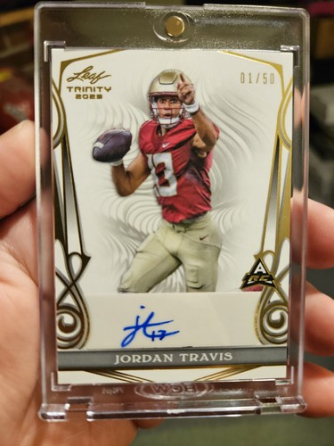 2023 Leaf Trinity Jordan Travis BOOKEND GOLD ROOKIE AUTO 01/50🔥Jets RC🔥 ...