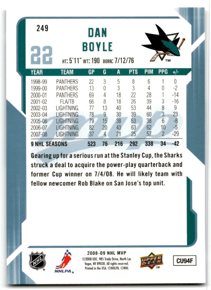 2008-09 Upper Deck Dan Boyle San Jose Sharks #249 | eBay