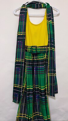 Vintage Domino 50" Womens Small Green Yellow Plaid Belted A-Line Dress ...