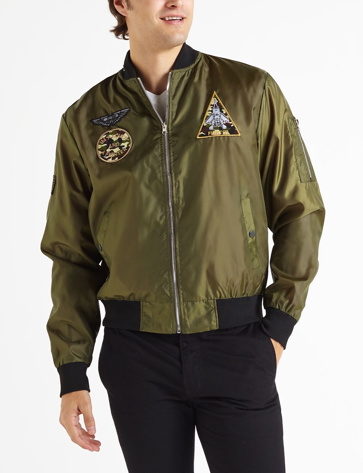 Brooklyn Standard Patch Accented Nylon Bomber Jacket Olive | eBay