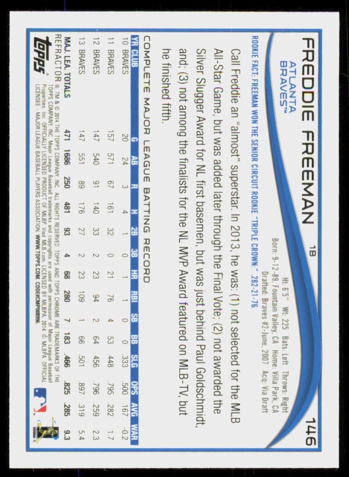 2014 Topps Chrome X-Fractors Freddie Freeman Atlanta Braves #146 | eBay