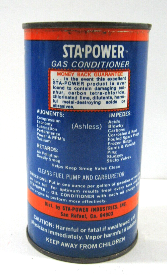 Vintage Sta-Power 12oz Tin Gas Conditioner Sta Power Industries San ...