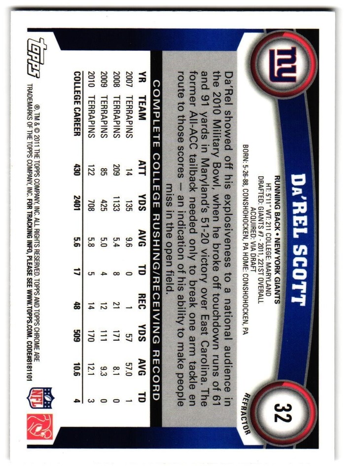 2011 Topps Chrome Refractor DAREL DA'REL SCOTT #32 RC 🏈 | eBay