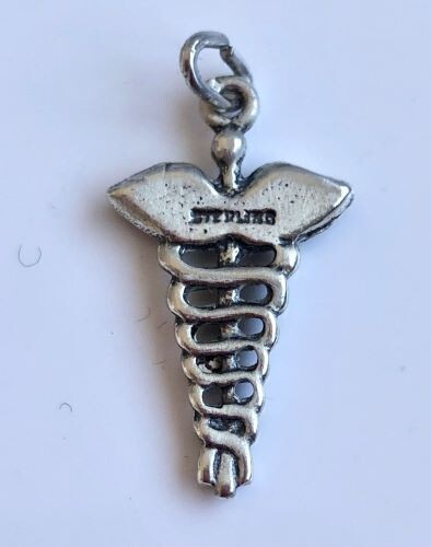 Vintage Sterling Silver Medical CADUCEUS Symbol Charm - Gem