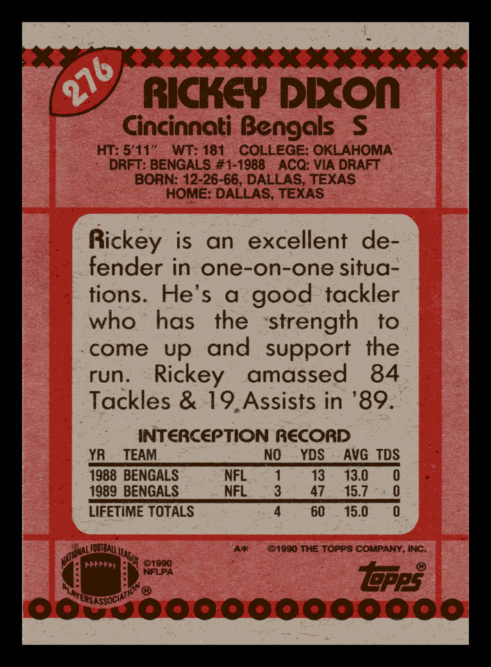 1990 Topps Rickey Dixon RC Rookie Cincinnati Bengals #276 Centered Mint ...