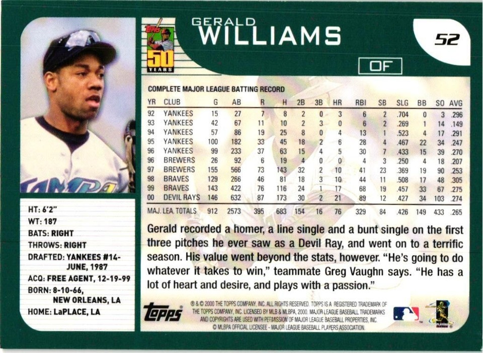 2000 TOPPS 50 YEARS GERALD WILLIAMS #52 CARD $0.99 VALUE BOX | eBay