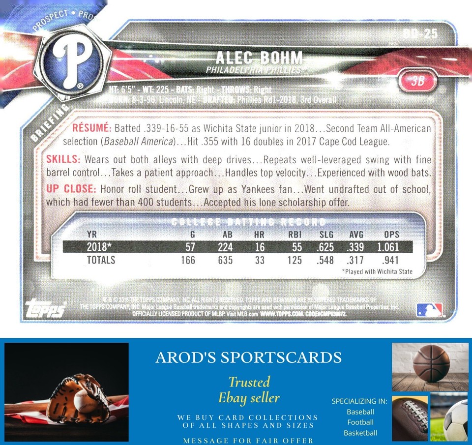 2018 Bowman Draft *Alec Bohm **Card #BD-25** | eBay