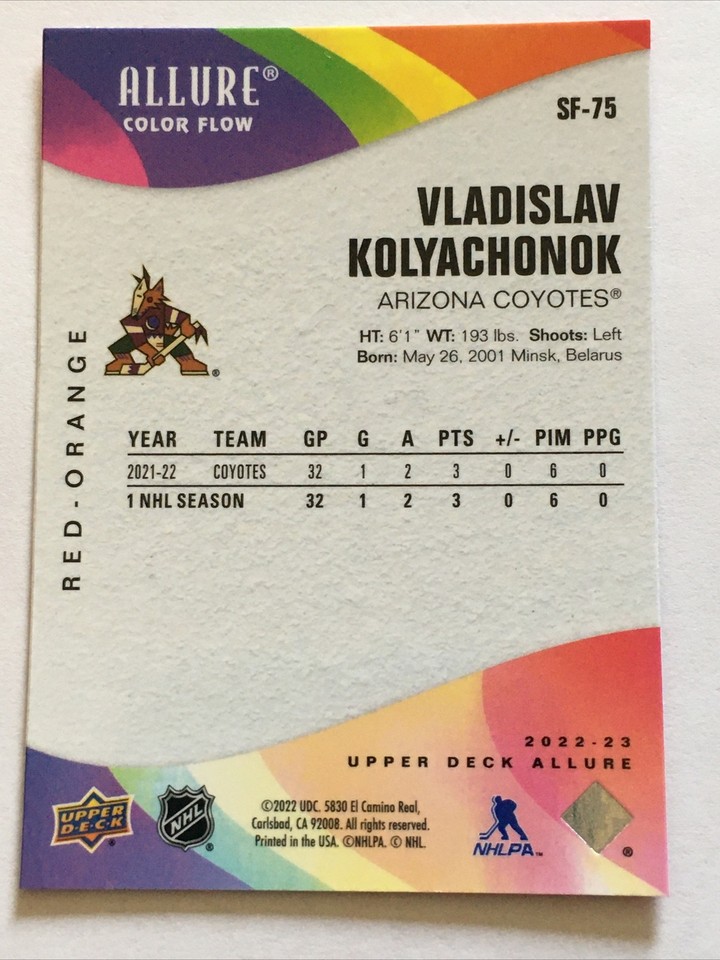 2022-23 Allure Vladislav Kolyachonok Red-Orange Card # SF-75 Arizona ...