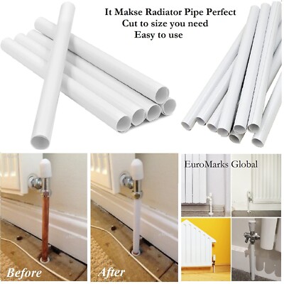 8 X 19.5cm WHITE RADIATOR PIPE COVERS SLEEVES SHROUDS SNAP AROUND ...