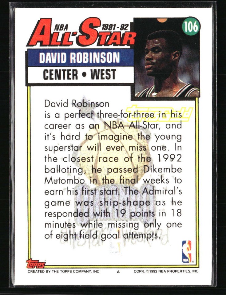 1992-93 Topps All-Star #106 David Robinson BASKETBALL Card | eBay