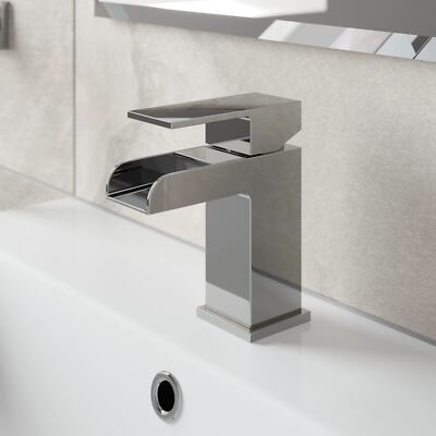 Modern Waterfall Bathroom Mono Basin Sink Mixer Tap Square Brass Single ...