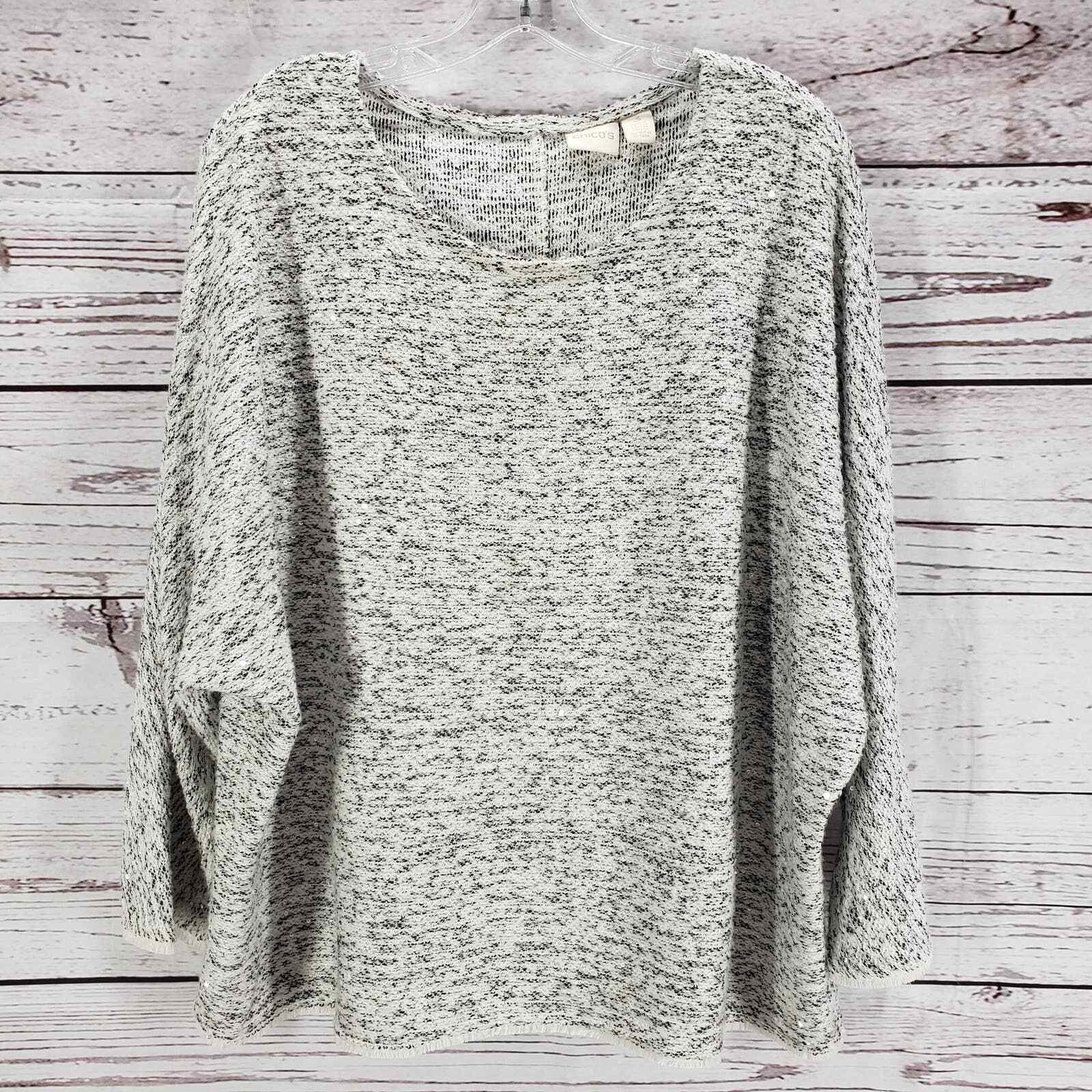 Chico's Black White Knit Textured Mini Fringe Dolman … - Gem