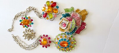 Rhinestone Multi Color Necklace Set with Clip On Earrings Bright ...