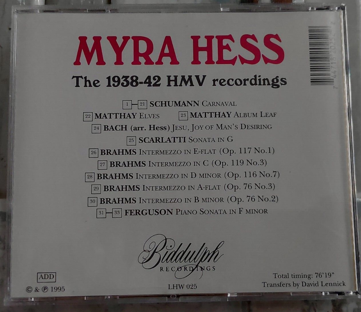 Myra Hess: The 1938-42 HMV Recordings (CD, Oct-1995, Biddulph ...
